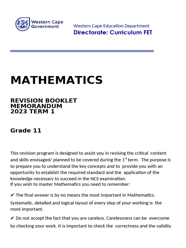 Grade 11 Mathematics Revision Guide | PDF | Mathematics | Classical ...