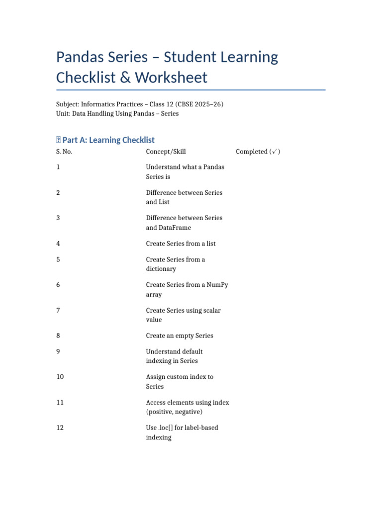 Pandas Series Checklist Student Worksheet | PDF | Computer Programming ...