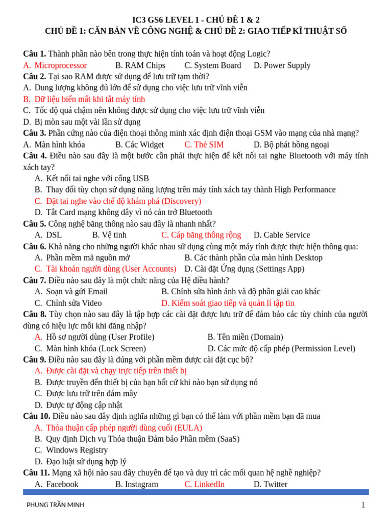Đề Cương-Review IC3 GS6 Level 1 - Part 1 | PDF