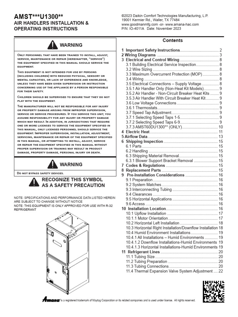 AMST U1300 : Air Handlers Installation & Operating Instructions Warning ...