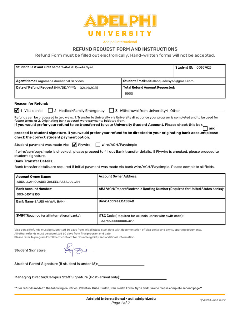 Adelphi Refund Request Instructions | PDF | Wire Transfer | Banking ...