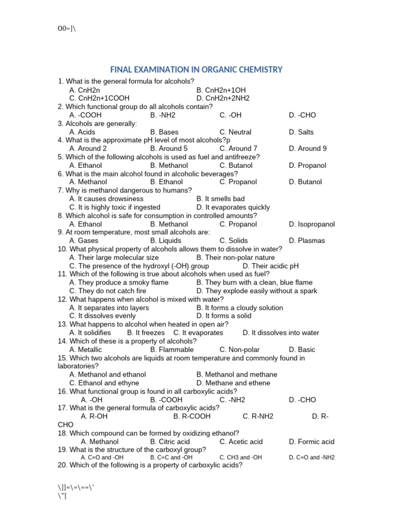 Organic Chemistry Final Exam Questions | PDF | Acid | Ester