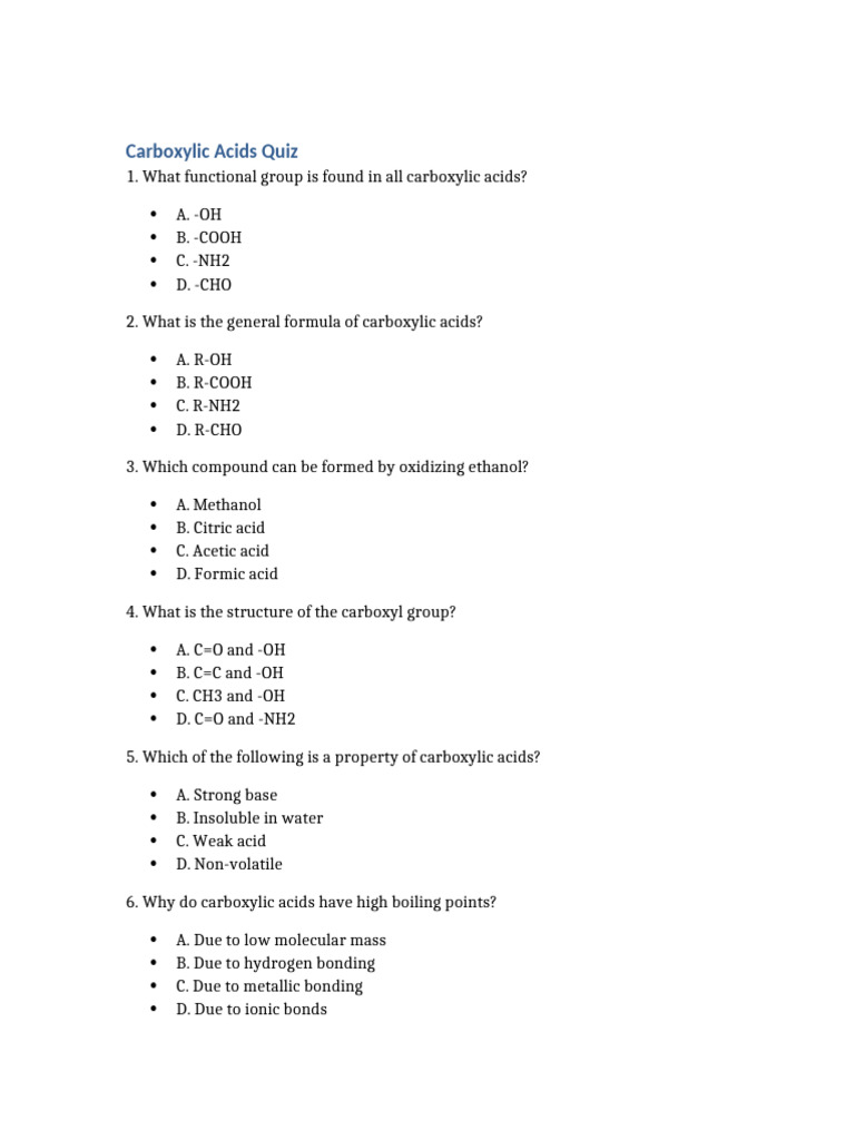 Carboxylic Acids Quiz Questions | PDF