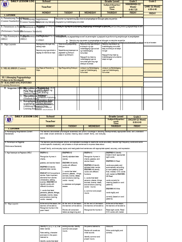 Weekly DLL - Print | PDF
