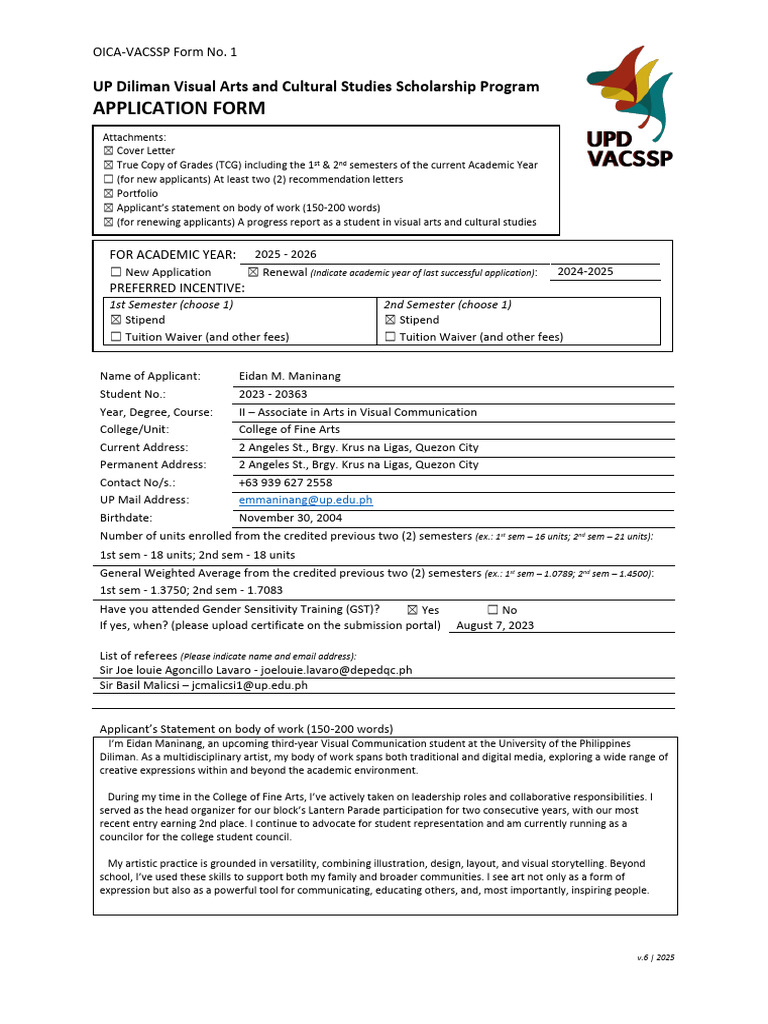 Maninang Oica Vacssp Form No. 1 Application Form v.6 2025 | PDF | Educational Stages | Higher ...