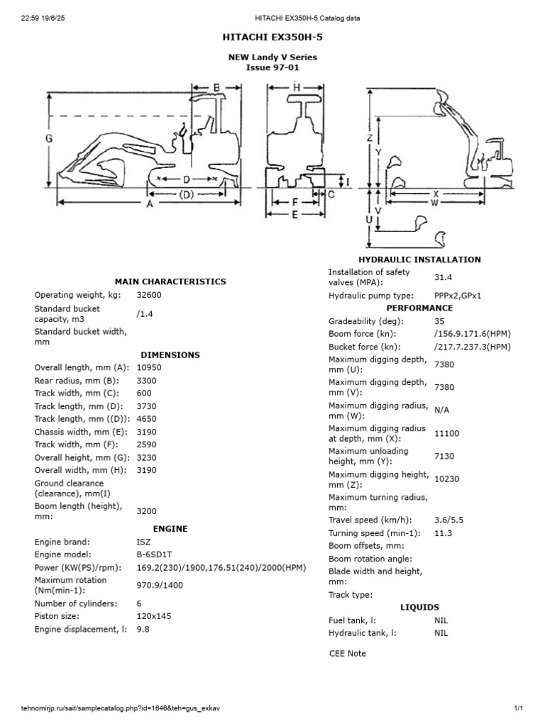 Hitachi EX350H-5 Specifications Overview | PDF | Engines | Vehicles