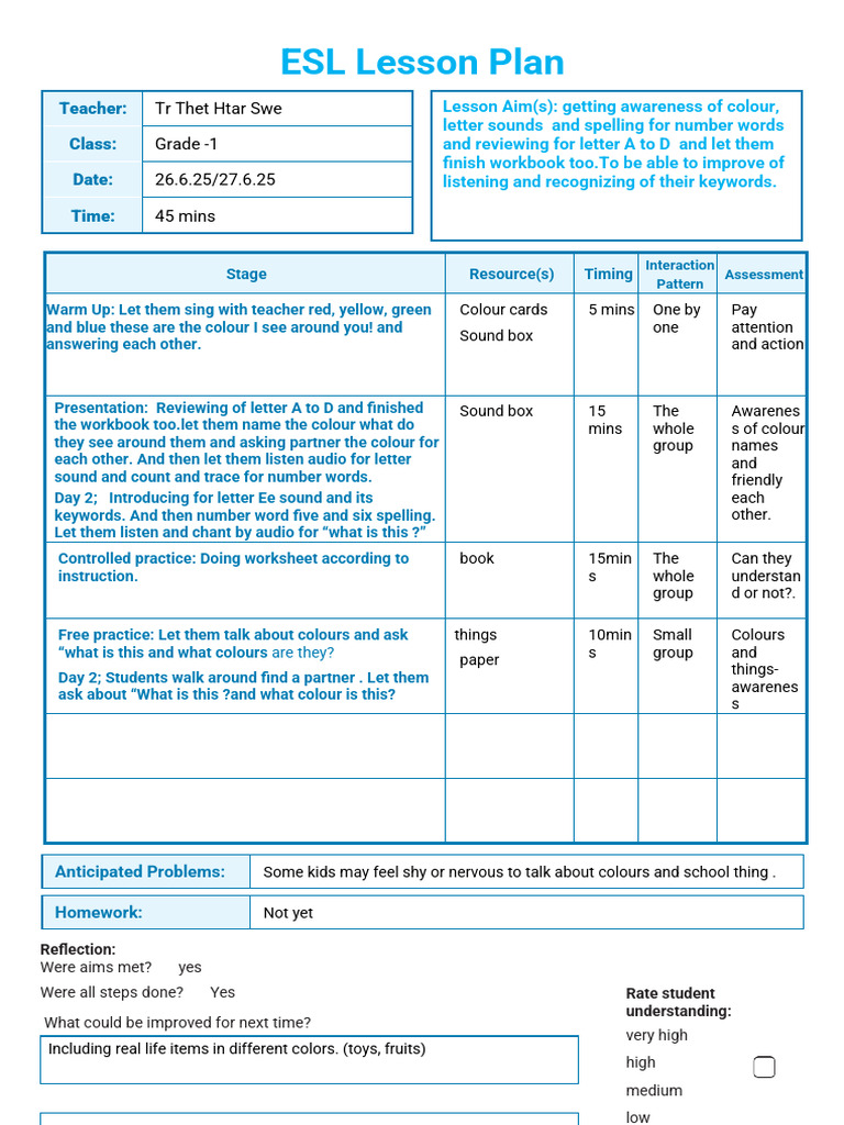 ESL Lesson Plan: Colors and Letters | PDF | Cognition | Human Communication