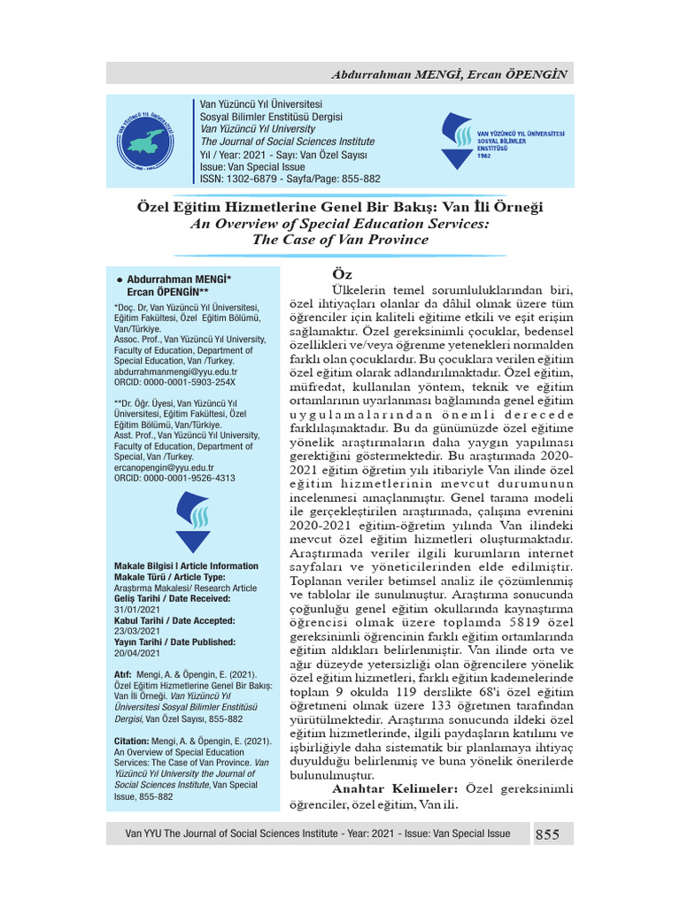 Zel E Itim Hizmetlerine Genel Bir Bak Van Li Rne I ( | PDF