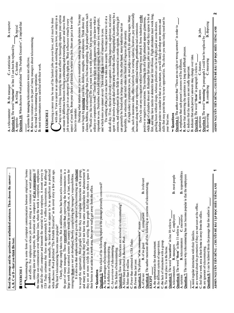 Chuyen de Bai Tap Doc Hieu (1-19) | PDF