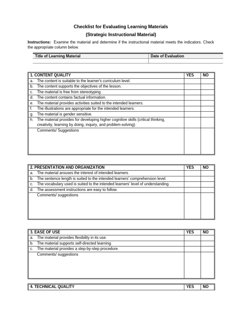 Checklist For Evaluating Learning Materials | PDF