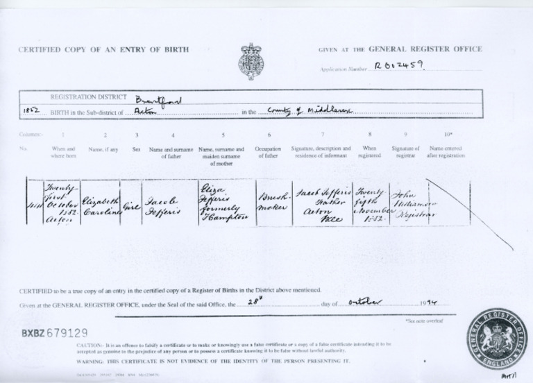 Certified Copy of Entry of Birth | PDF