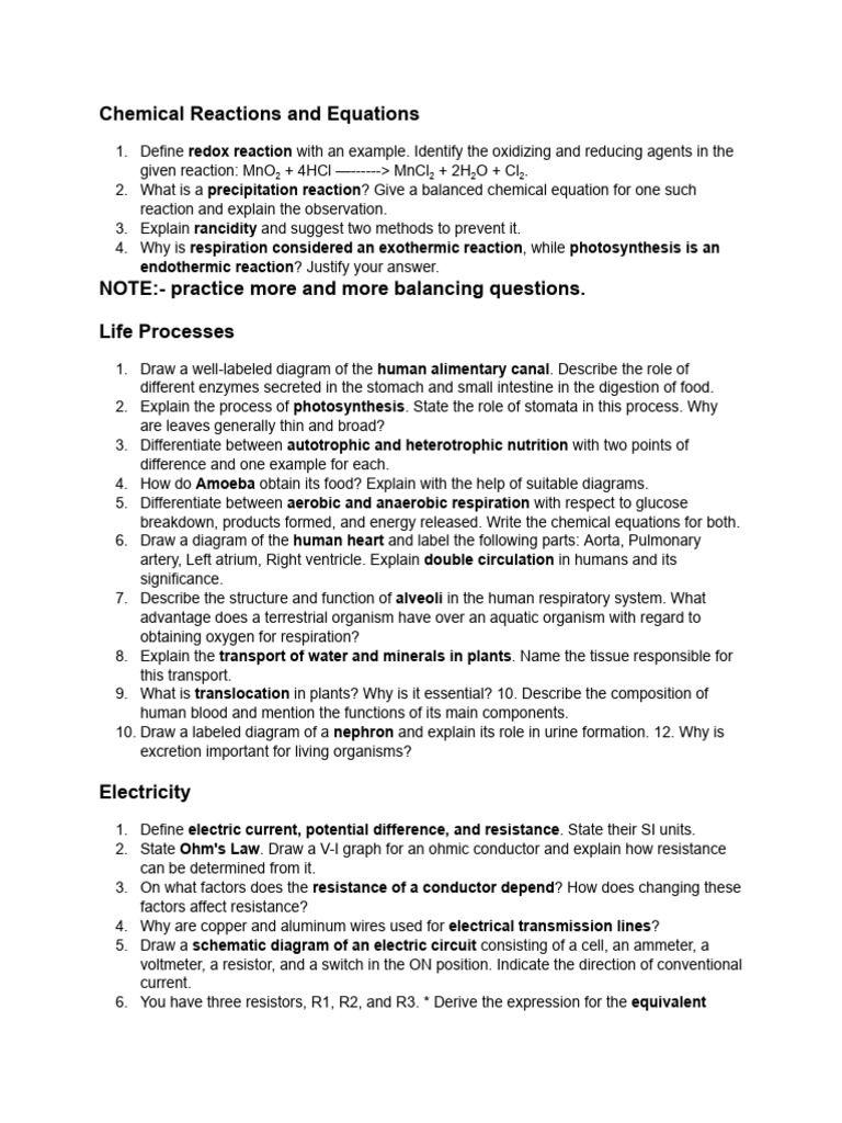Important 10th Science Questions PDF | PDF | Series And Parallel ...