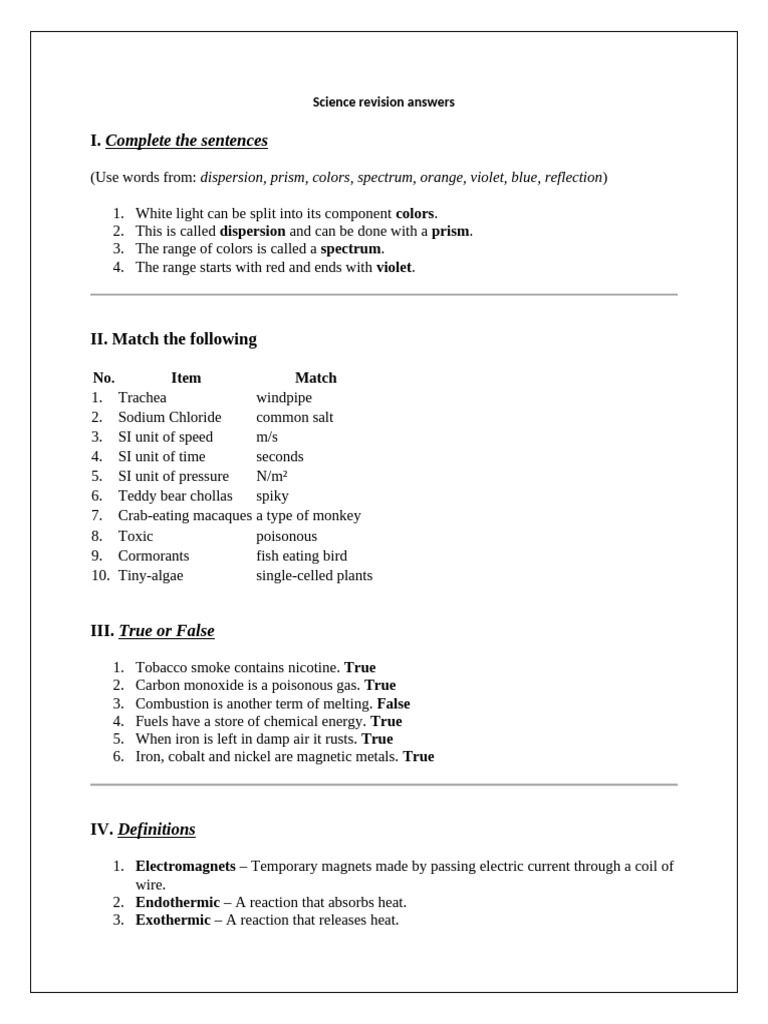 Science Revision Answers | PDF | Blood | Iron