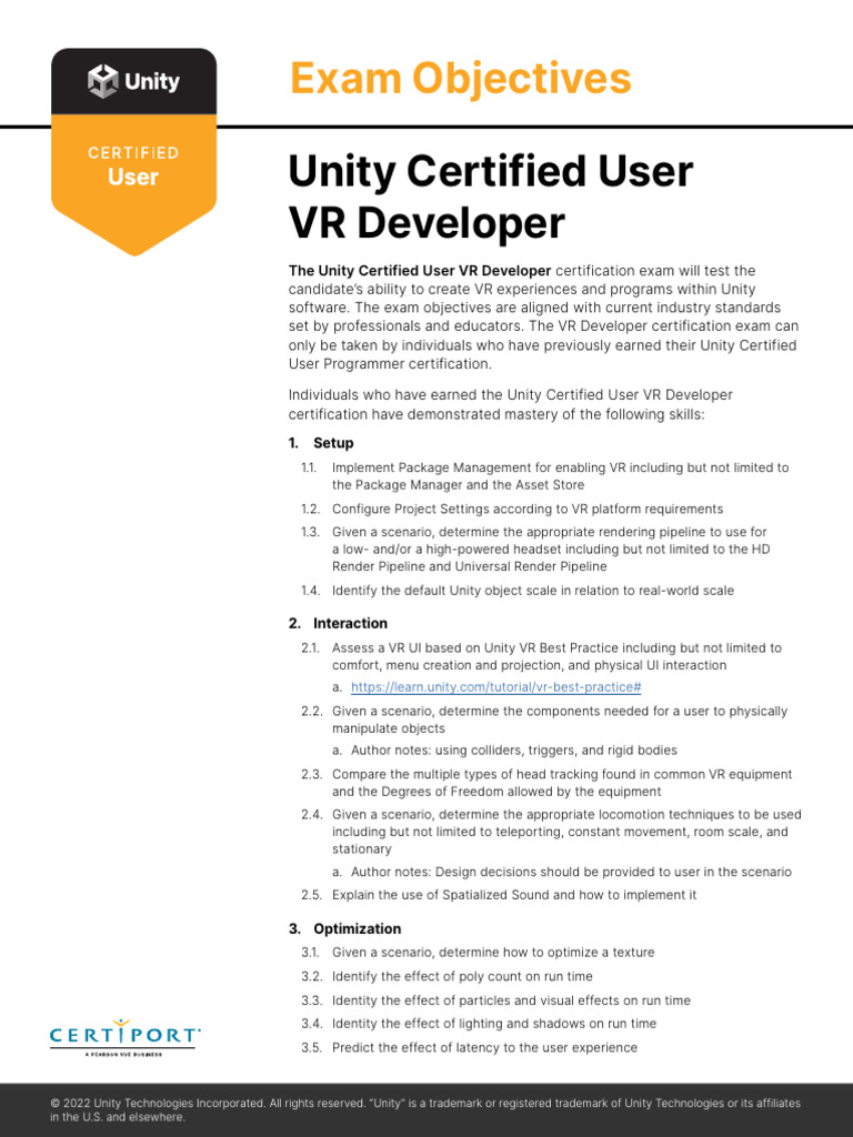 Unity Exam Objectives - VR Developer 0422 | PDF | Virtual Reality ...