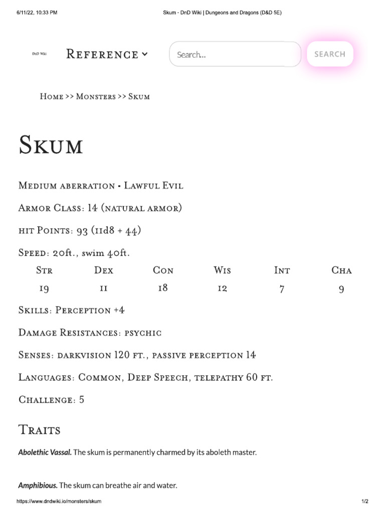 Skum - DND Wiki - Dungeons and Dragons (D&D 5E) | PDF