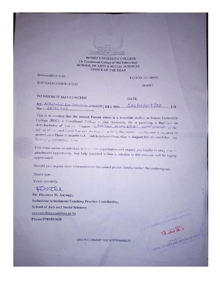 Juastus Kemboi Letter From University | PDF