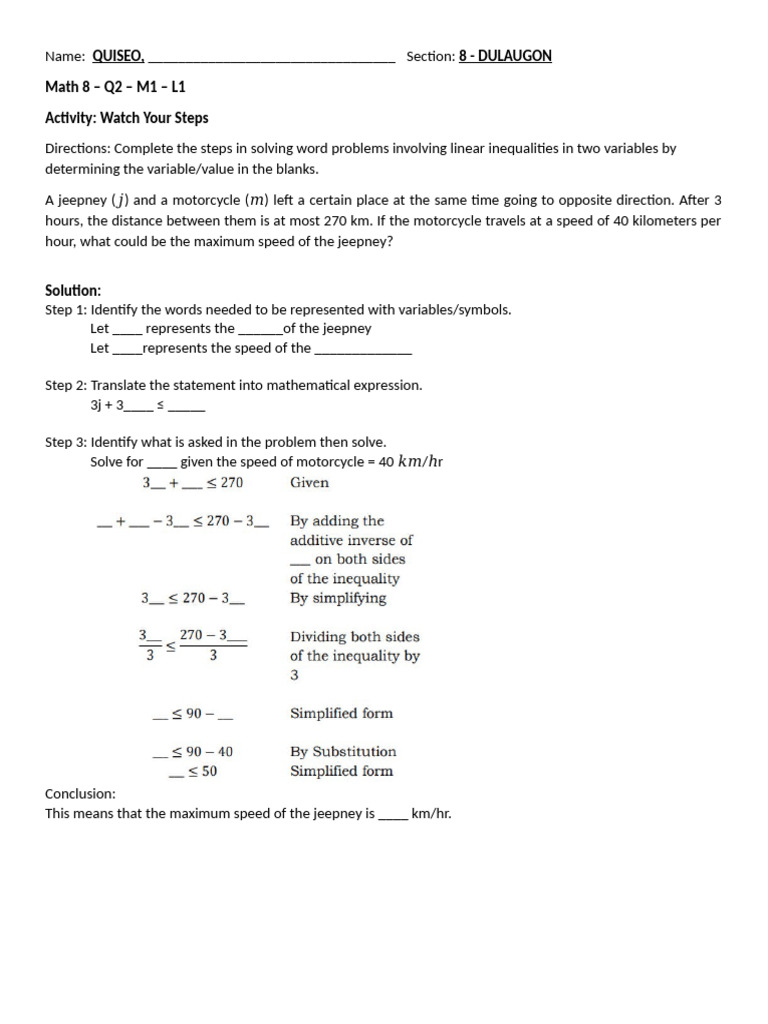 Quiseo, 8 - Dulaugon Math 8 - Q2 - M1 - L1 Activity: Watch Your Steps | PDF