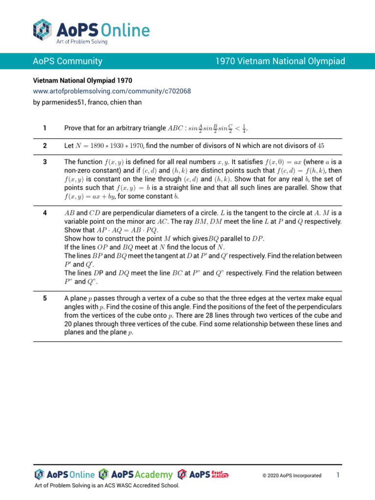Aops Community 1970 Vietnam National Olympiad | PDF