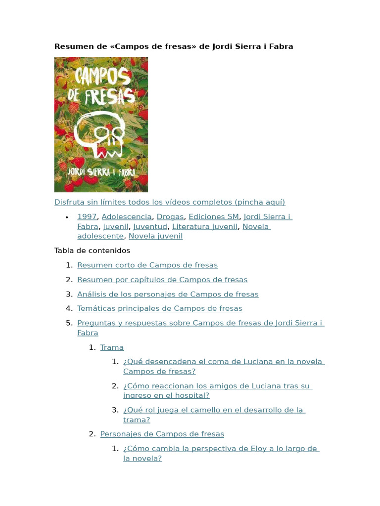 Resumen de "Campos de fresas" | PDF | Libros para adolescentes | Novelas