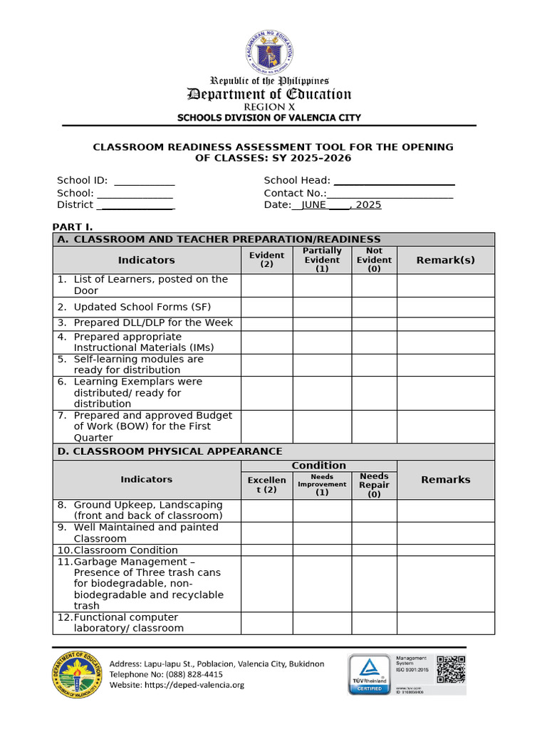 Classroom Readiness Assessment SY 2025-2026 | PDF | Teachers | Learning