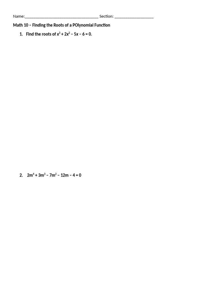 Grade 10 Polynomial Roots Worksheet | PDF