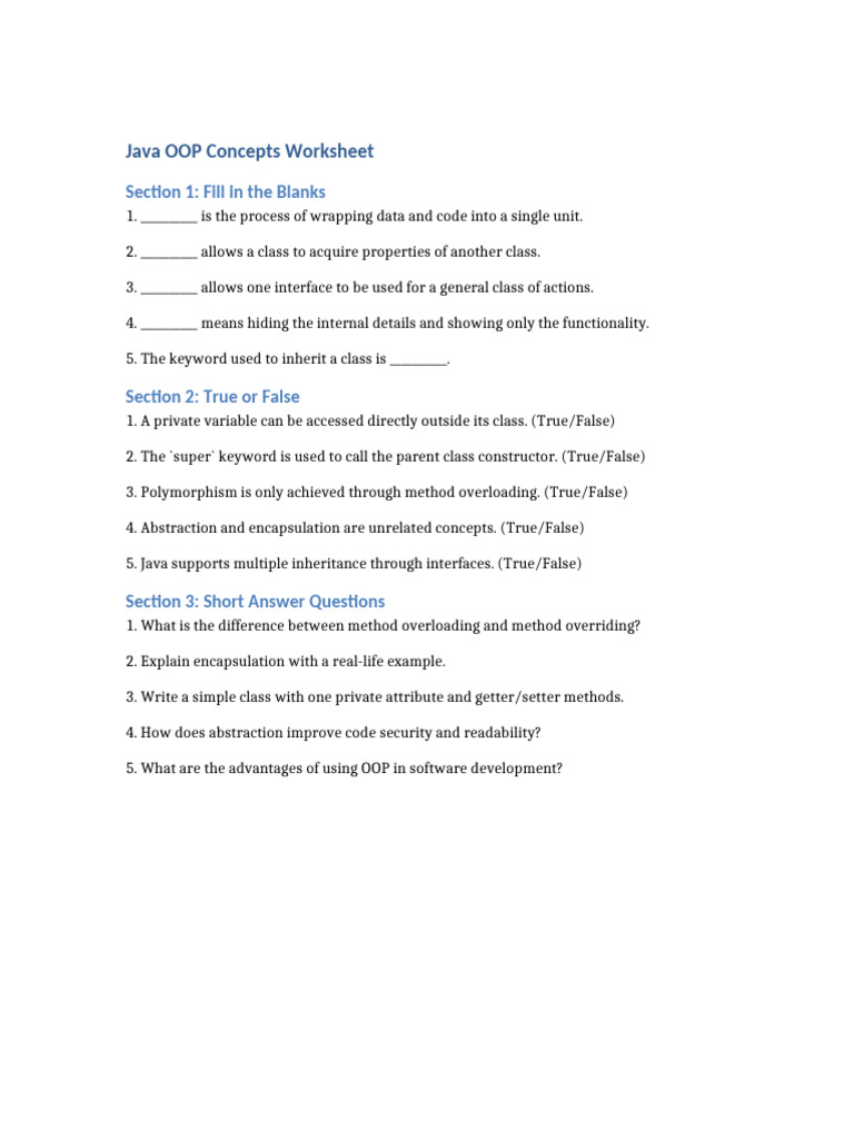 Java OOP Concepts Worksheet | PDF