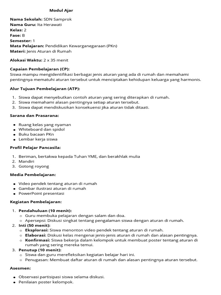 Modul Ajar PKn SDN Samprok Kelas 2 | PDF