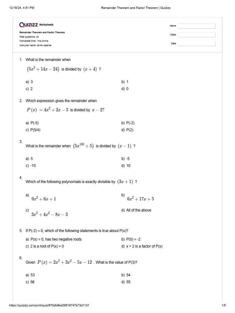 Remainder and Factor Theorem Worksheets | PDF | Factorization ...