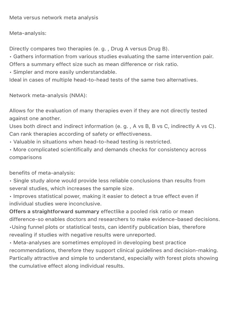 Meta Versus Network Meta Analysis | PDF