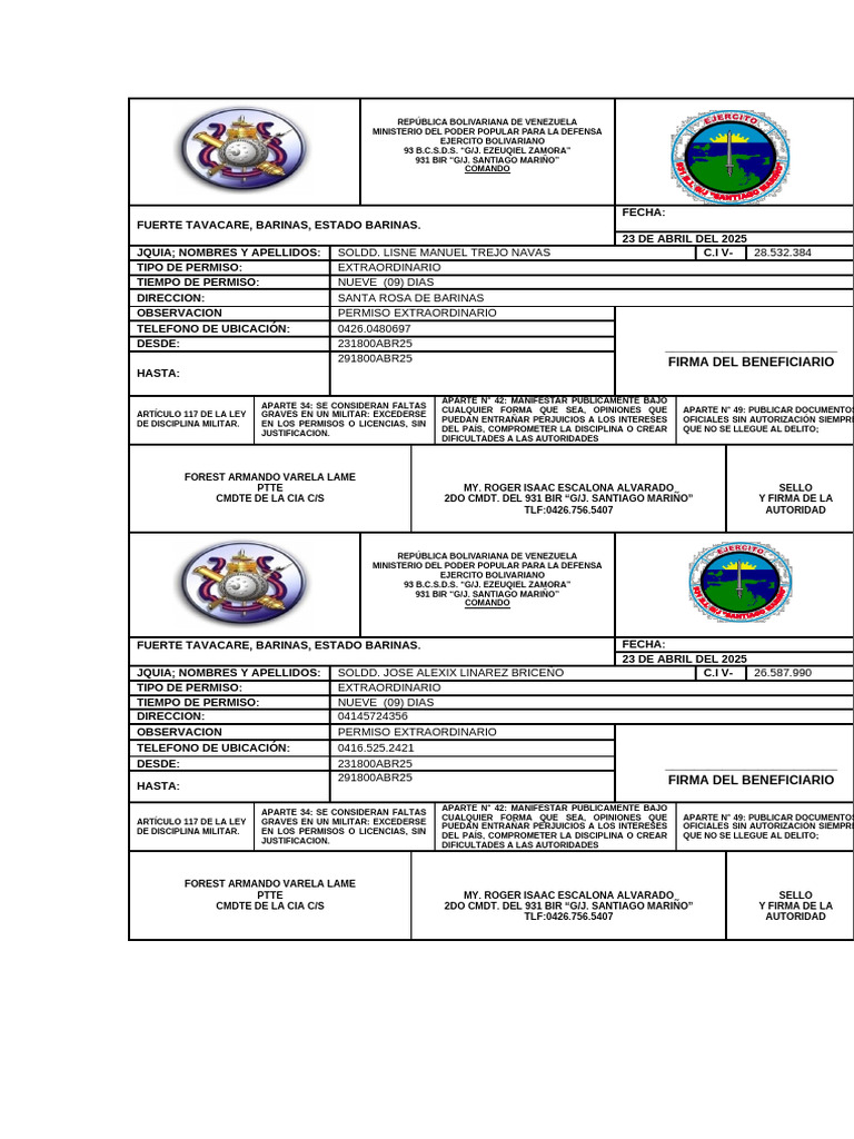 Boletas Del 2do Turno 3ra Cia | PDF | Venezuela | Militar