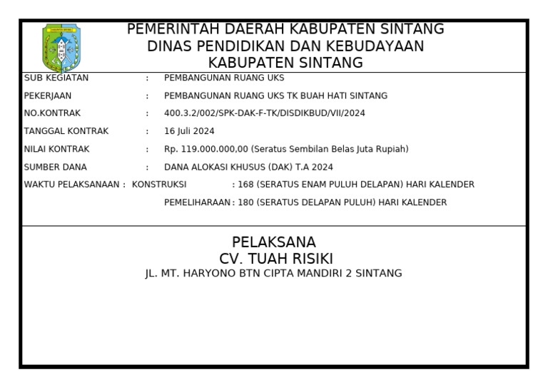 Uks TK Buah Hati (Plang Proyek) | PDF