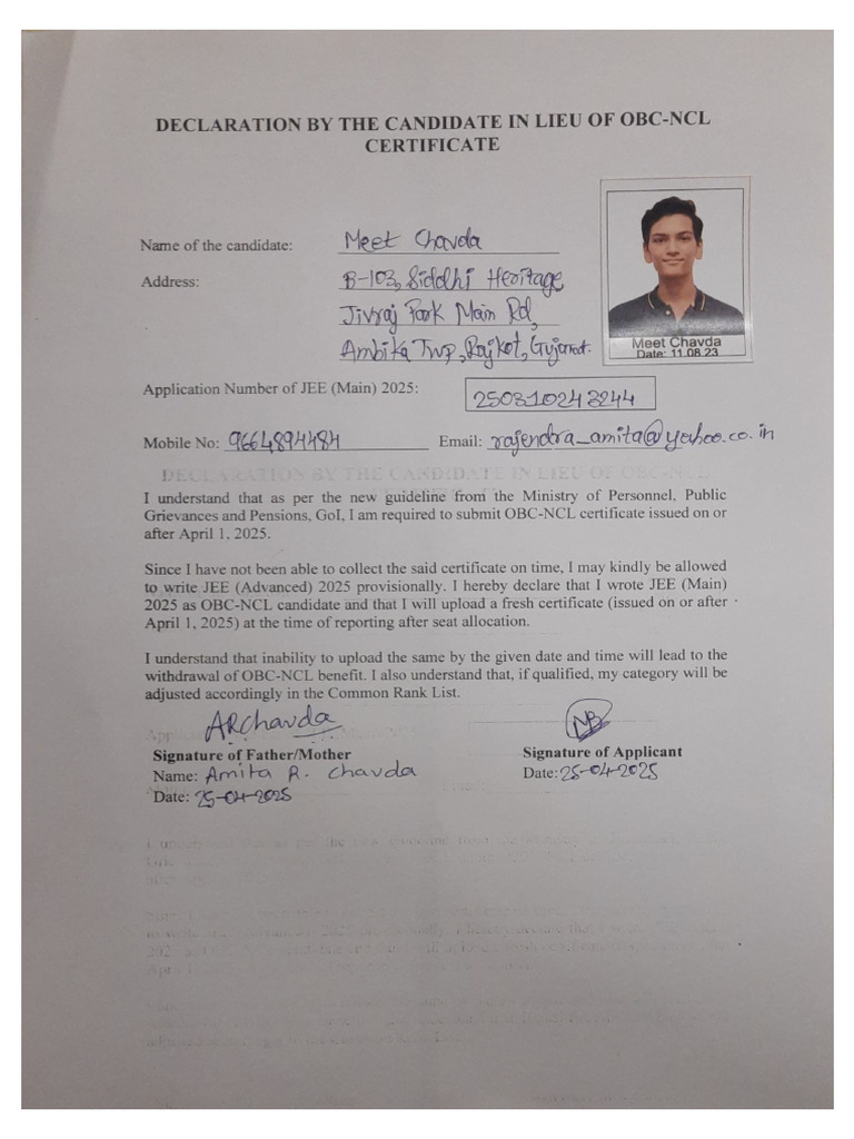 Declaration in Lieu of OBC-NCL Certificate | PDF