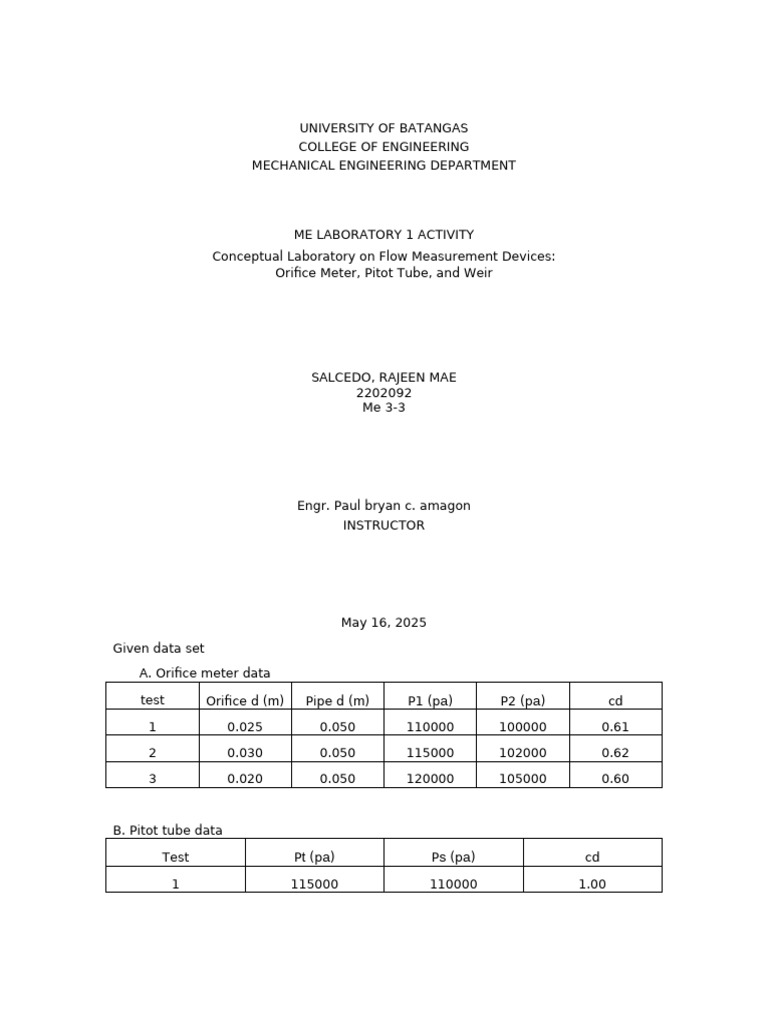 Fluid Flow Measurement Orifice Meter Pitot Tube and Weir | PDF | Flow ...
