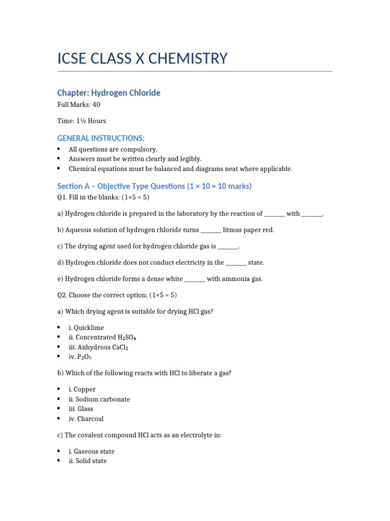 ICSE Class10 Chemistry Hydrogen Chloride | PDF | Hydrochloric Acid ...