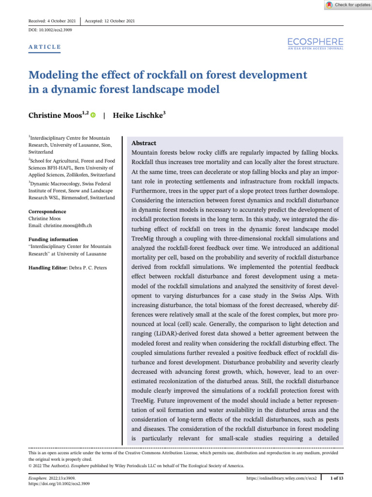 Ecosphere - 2022 - Moos - Modeling The Effect of Rockfall On Forest Development in A Dynamic ...