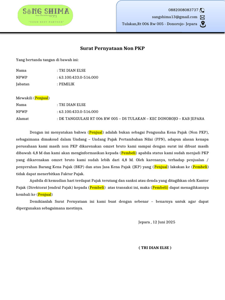 Surat Pernyataan Non PKP Penjual | PDF