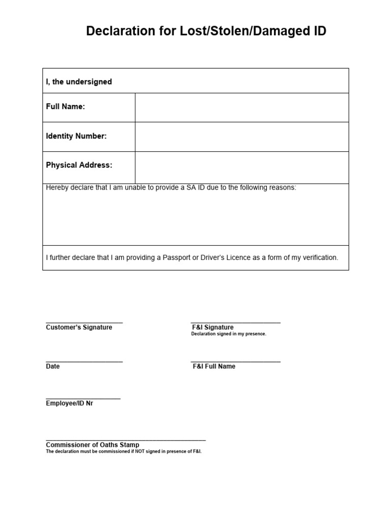 Lost or Stolen ID Declaration Form | PDF