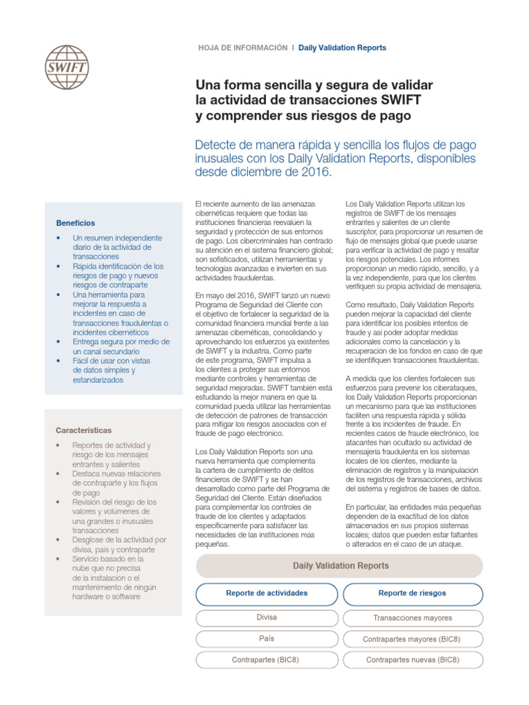 Swift Compliance Factsheet Dailyvalidationreports Es | PDF | Moneda | Fraude