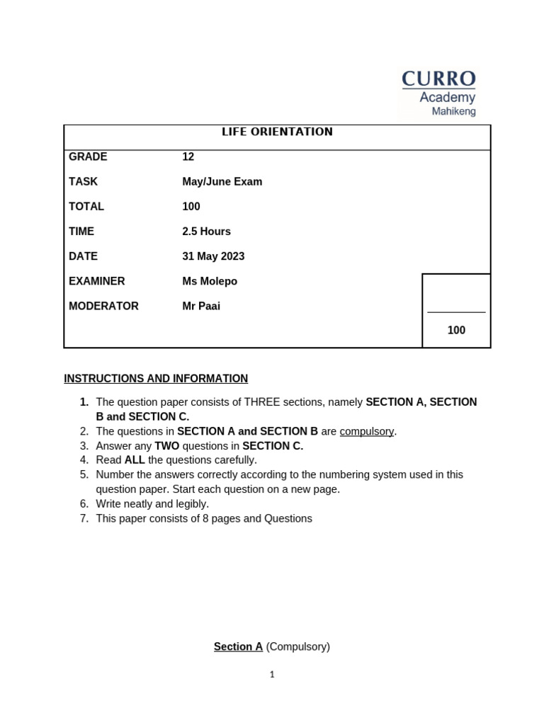 Grade 12 May LO Exam 2023 | PDF | Unemployment | Psychology