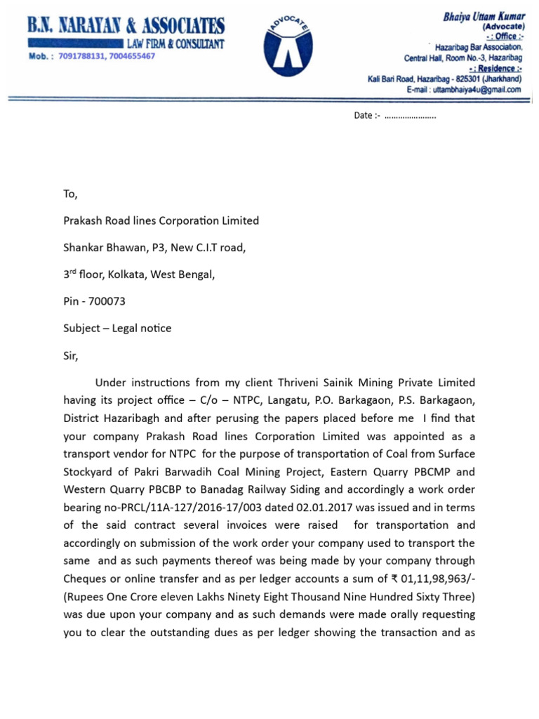 Notice To Prakash Roadlines | PDF | Cheque
