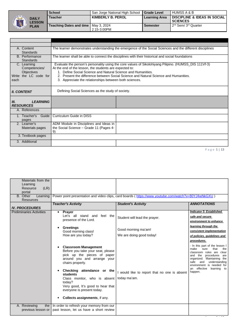 Detailed Lesson Plan DISS CO (HUMSS - DIS 111Vf-3) | PDF | Science ...