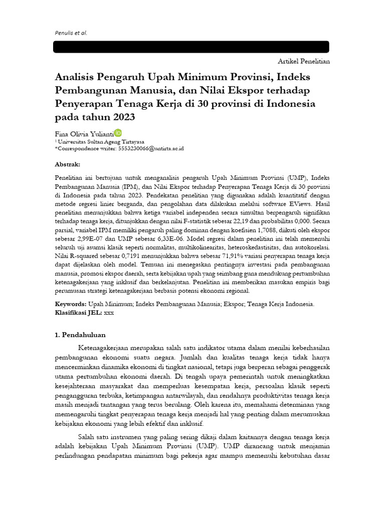 Analisis Pengaruh Upah Minimum Provinsi, Indeks Pembangunan Manusia, Dan Nilai Ekspor Terhadap ...