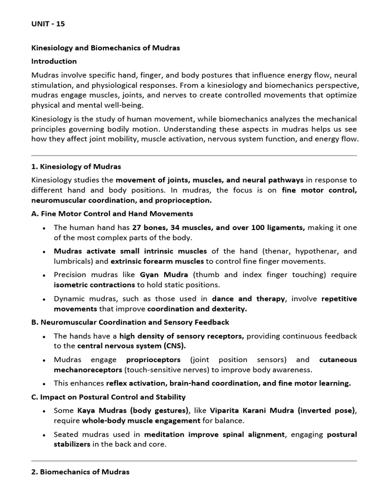 Unit15.Kinesiology and Biomechanics of Mudras1 | PDF | Hand | Finger