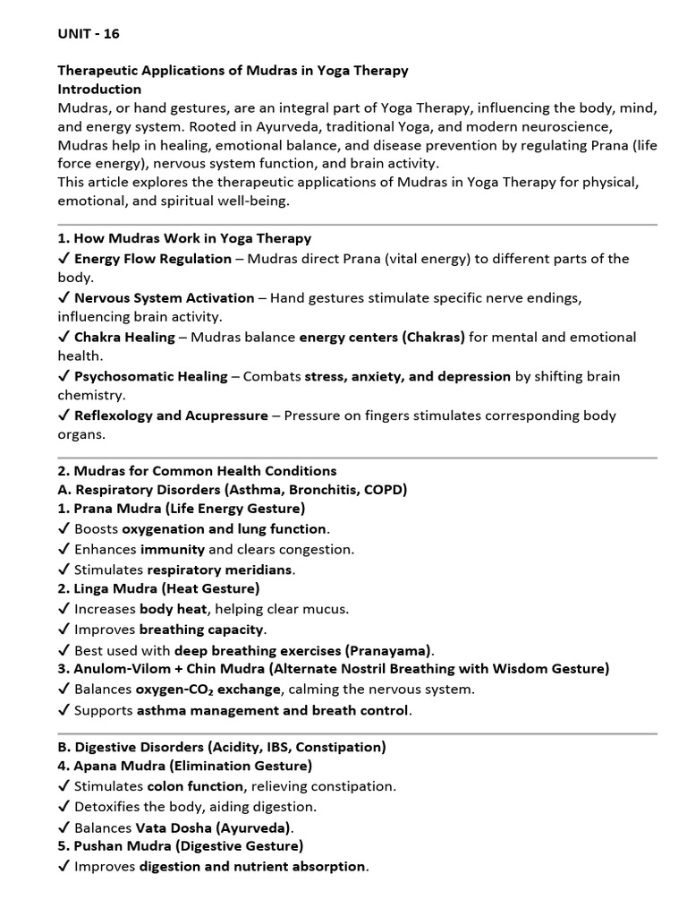 Unit16.Therapeutic Applications of Mudras in Yoga Therapy | PDF | Prana | Stress (Biology)