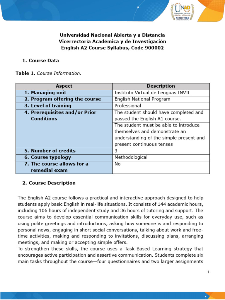 English A2 Course Syllabus 803 | PDF | Distance Education | English ...