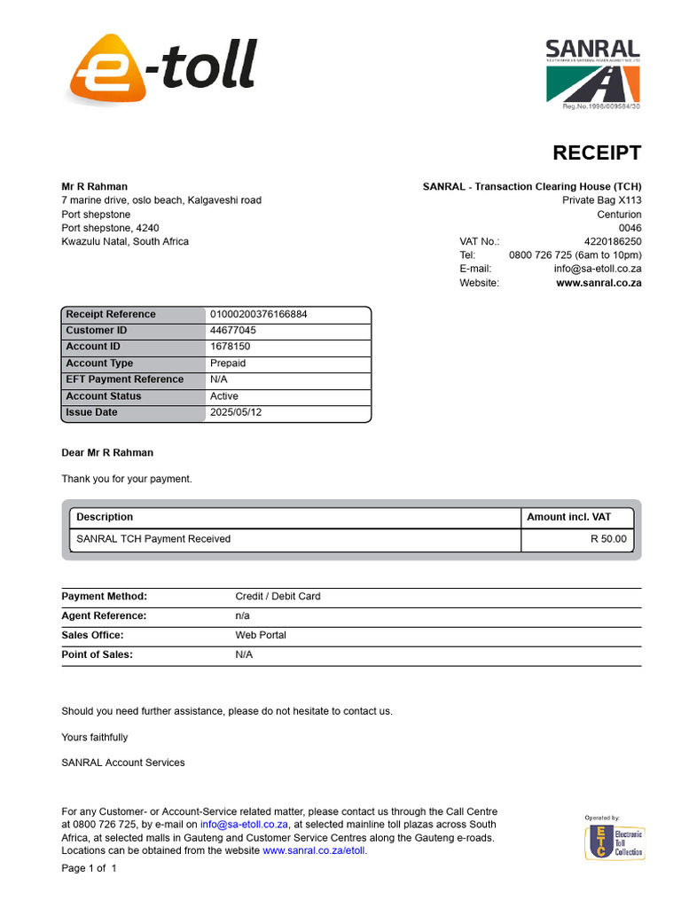 SANRAL Payment Receipt Details | PDF