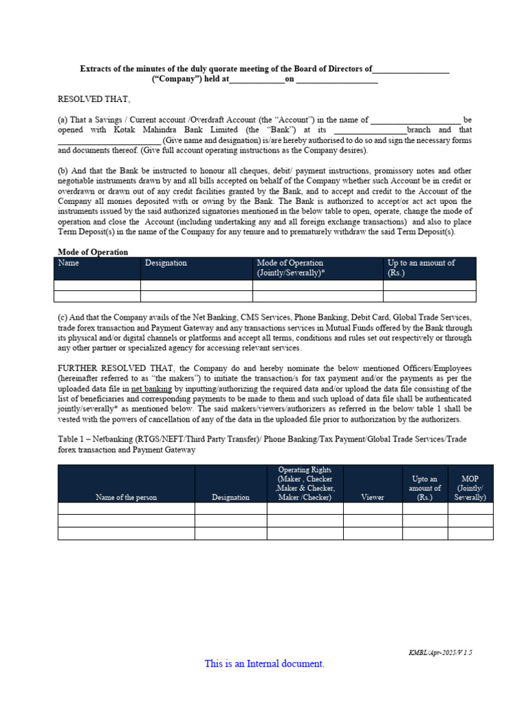 KMBL Board Resolution on Account Operations | PDF | Banks | Overdraft