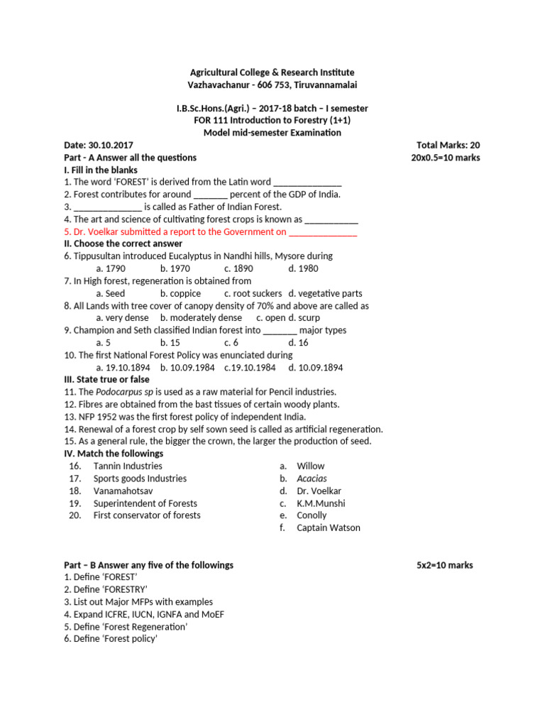 FOR 111 - Model Mid-Sem - QP | PDF | Forests | Plants