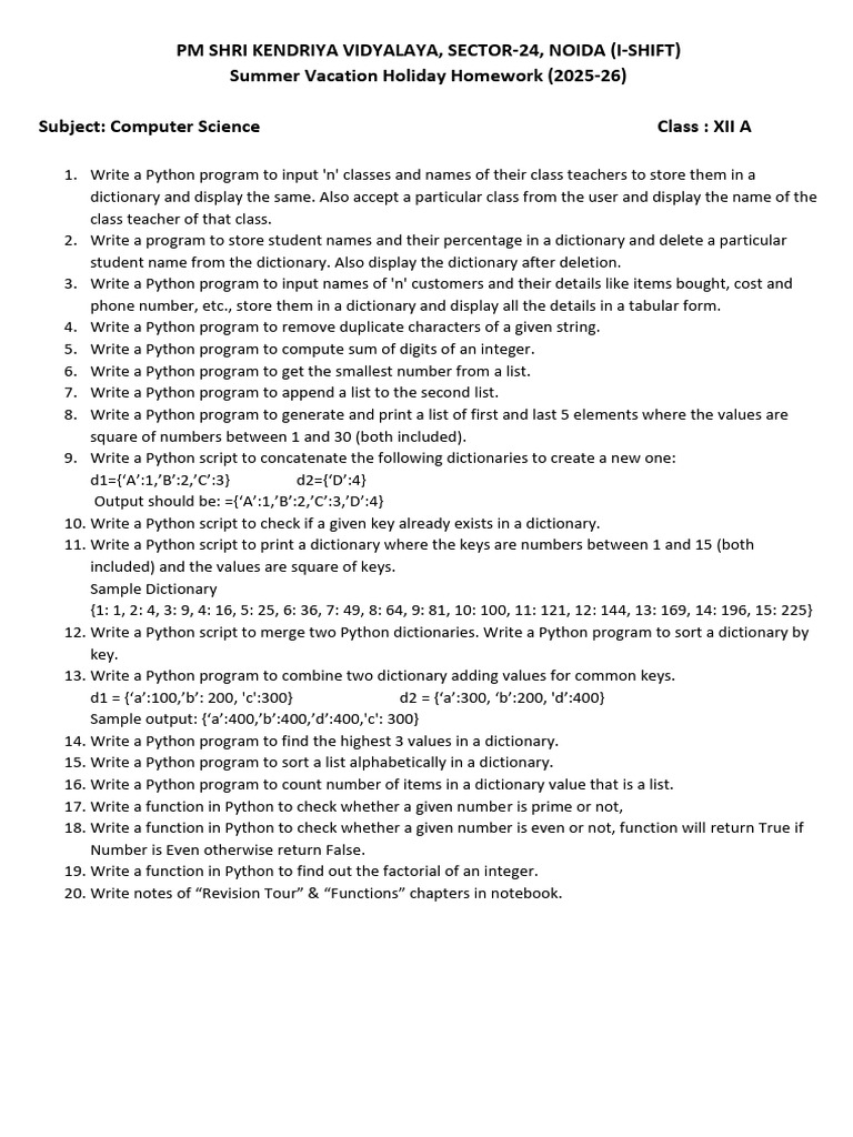 Holiday Homework Summer Vacation 2025 - CS | PDF | Python (Programming ...