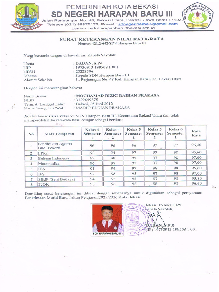 Surat Keterangan Nilai Rata-Rata | PDF